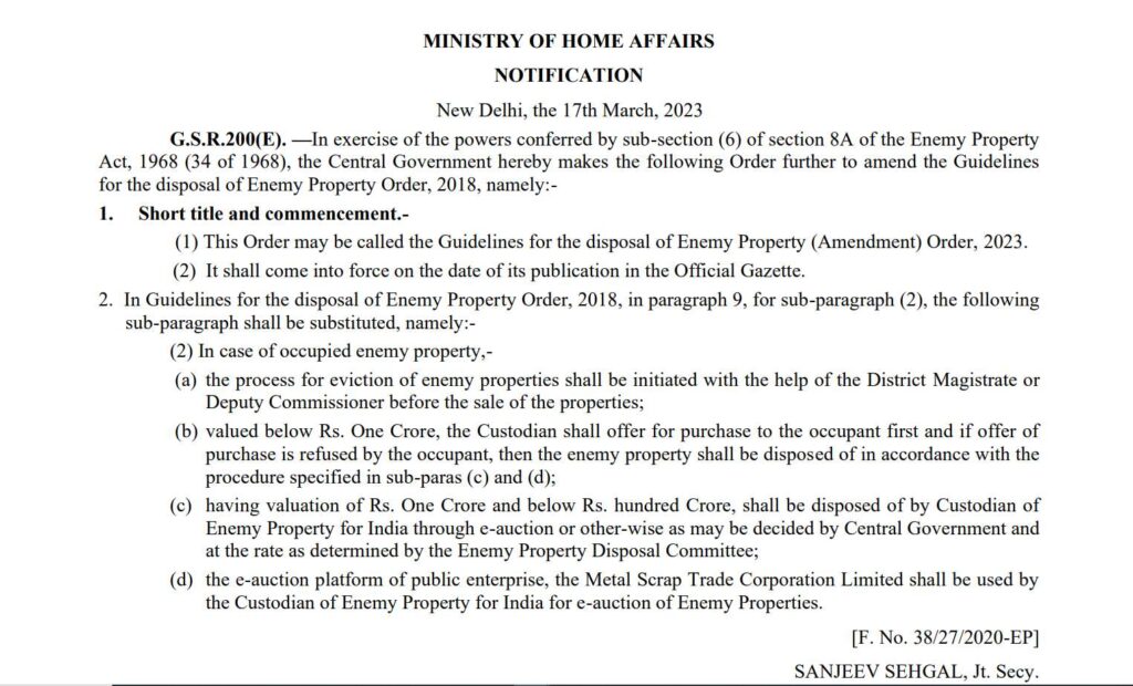 Enemy property to be e-auctioned if occupant refuses purchase offer ...