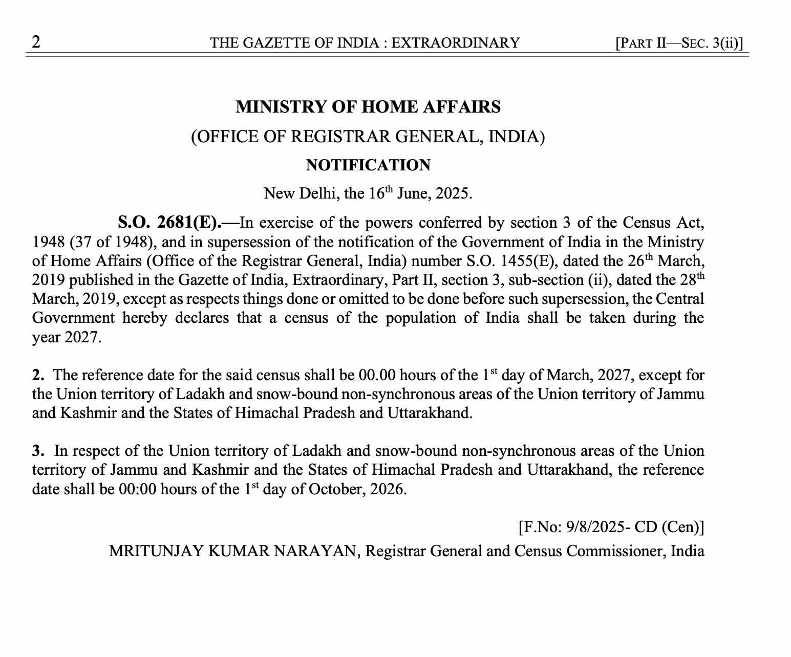 Center issues notification for India’s 16th census to be held in 2027 ...